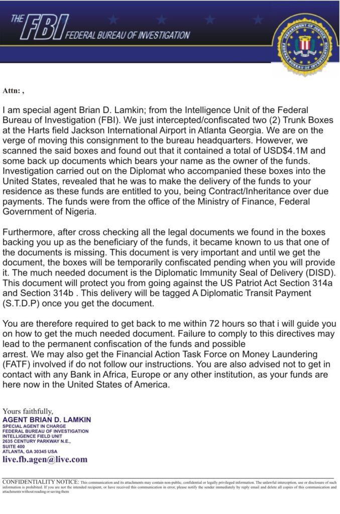 Email Scam Examples: FROM THE FEDERAL BUREAU OF INVESTIGATION (FBI ...